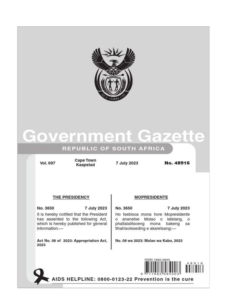 Appropriation Act 8 of 2023 | PDF | Public Finance | Appropriation Bill