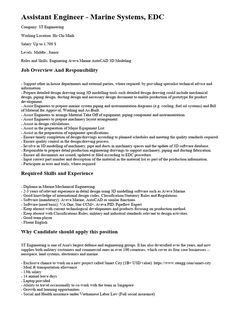 Marine Systems Assistant Engineer Job | PDF | Engineering | 3 D Modeling
