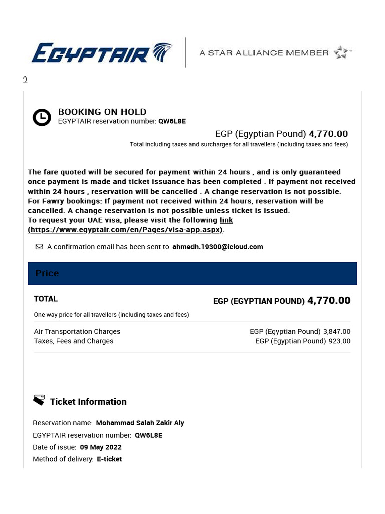 EGYPTAIR - Confirmation | PDF | Baggage | Fee