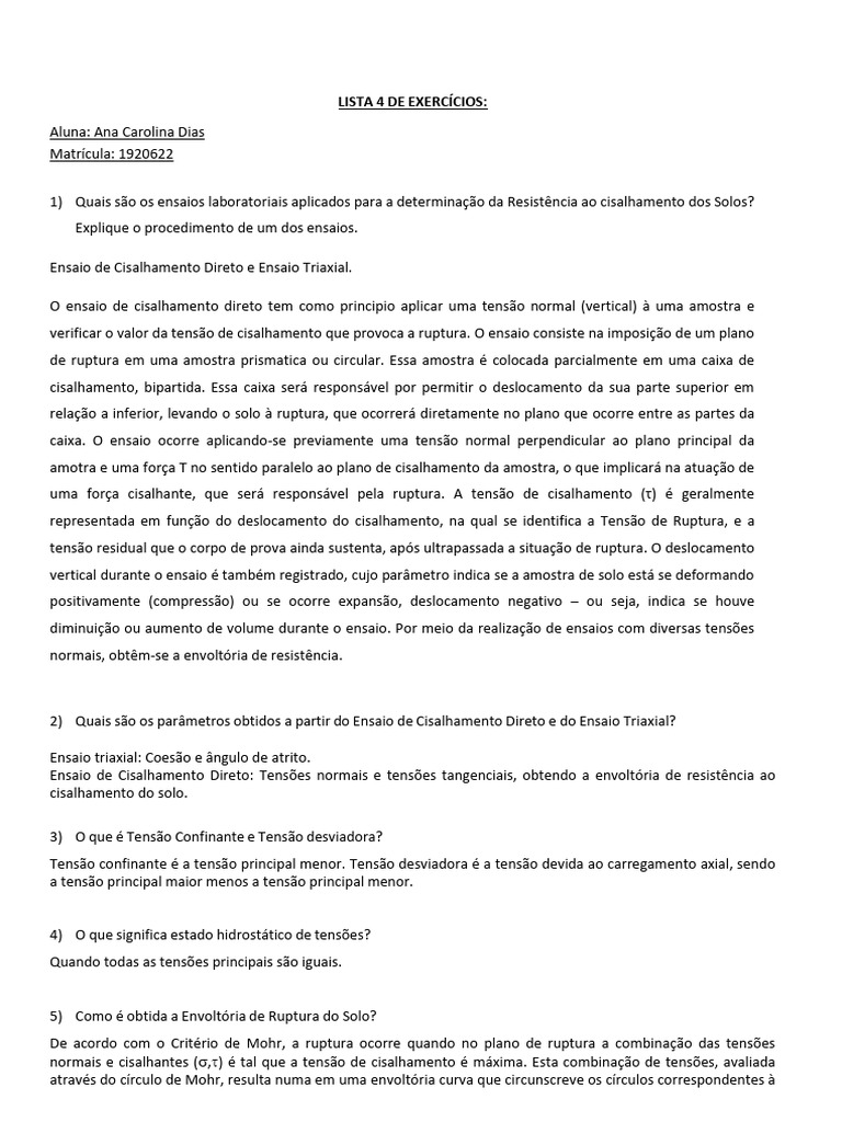 Lista de Exercícios 4 MECSOL PUC | PDF | Estresse (Mecânica) | Tensão de cisalhamento