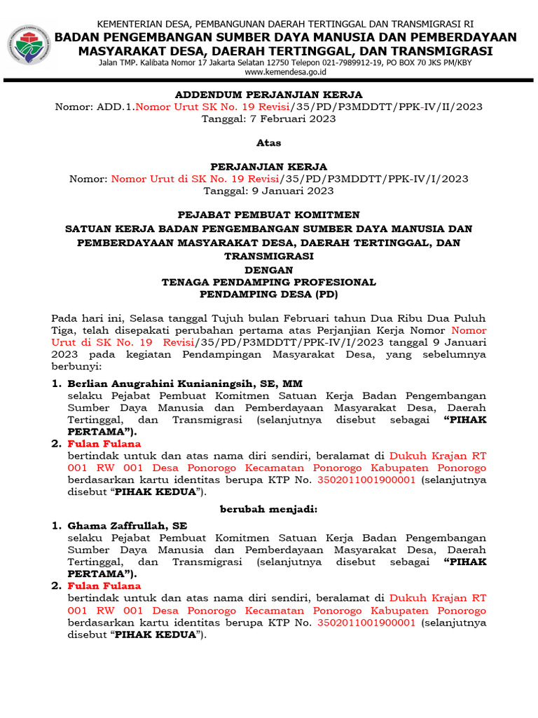 PD - Adendum Perjanjian Kerja - Perubahan PPK Fix | PDF