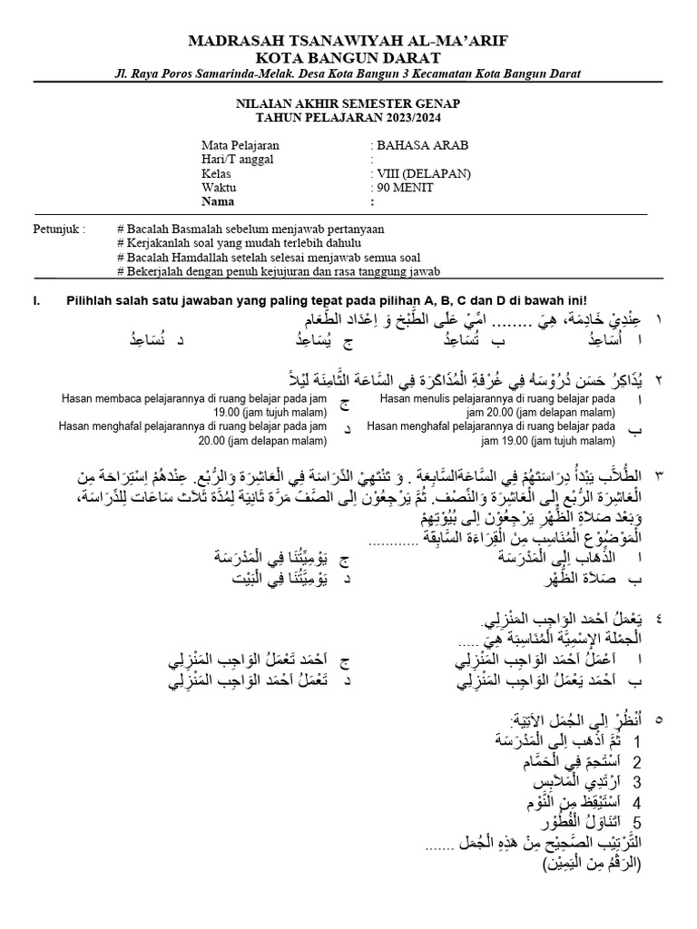 Soal Pas Bahasa Arab Viii Genap | PDF