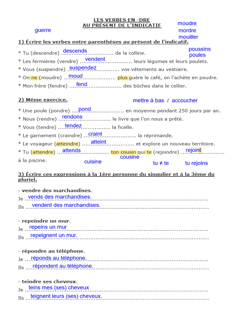 Conjugaison des verbes en -dre au présent | PDF