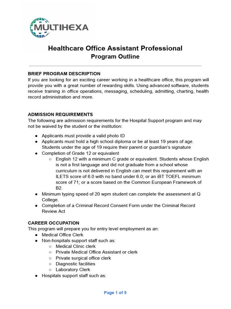 Healthcare Office Assistant Professional Program Outline | PDF ...
