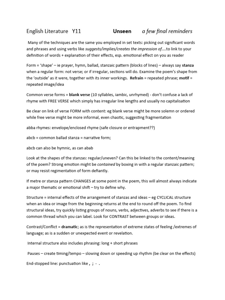 Unseen Final Reminders Checklist Y11 2024 | PDF | Poetry | Metre (Poetry)