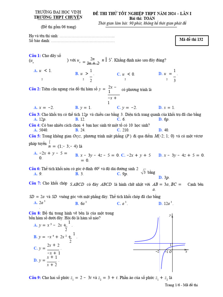 De Thi Thu Toan TN THPT 2024 Lan 1 Truong THPT Chuyen DH Vinh Nghe An | PDF