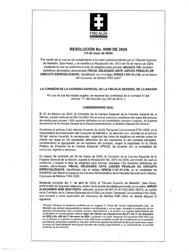 RESOLUCION 0090 de 2024 I 101-01-16 Fiscal Delegado Ante Jueces Penales ...