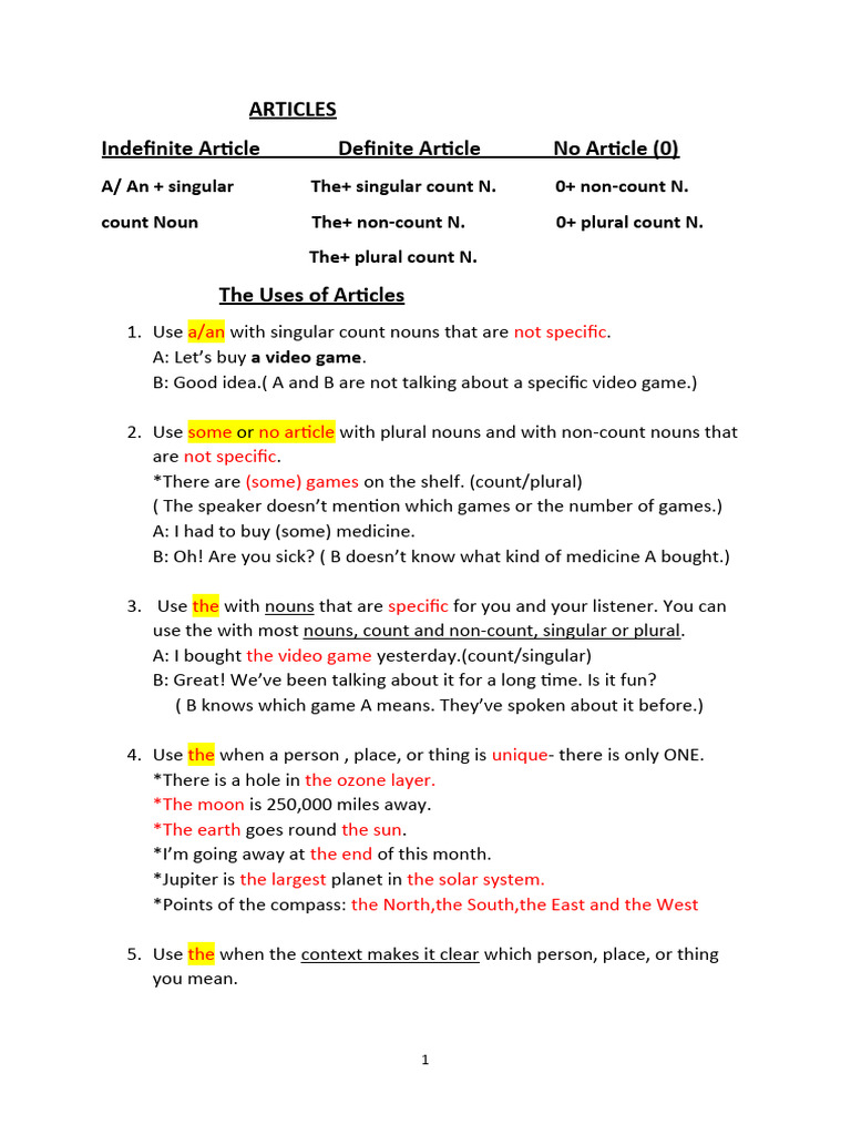 ARTICLES Notes | PDF | Noun | Plural