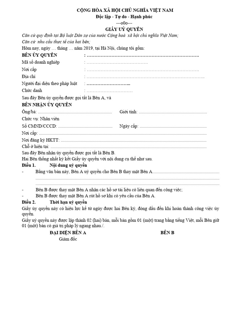 Mau Giay Uy Quyen 2019 Moi Nhat Danh Cho Cac Ca Nhan Doanh Nghiep | PDF