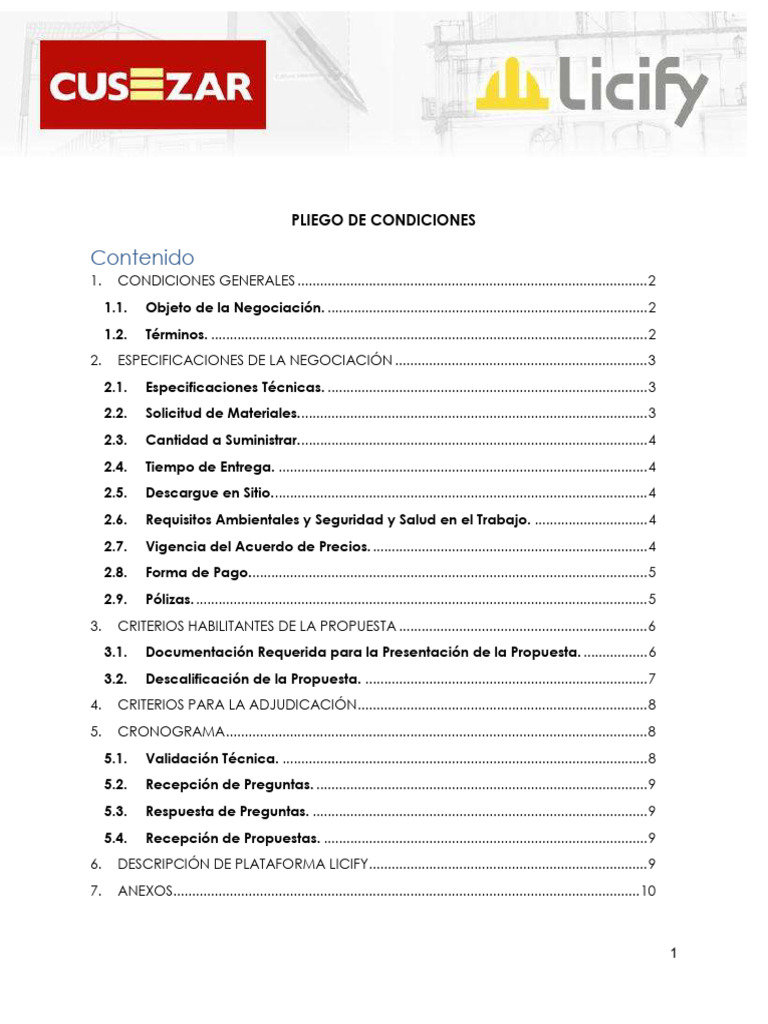 Pliego de Condiciones LICIFY Tablero | PDF | Economias
