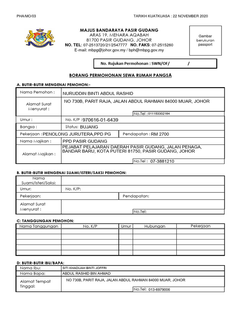 Borang Rumah Pangsa Sewa MBPG | PDF