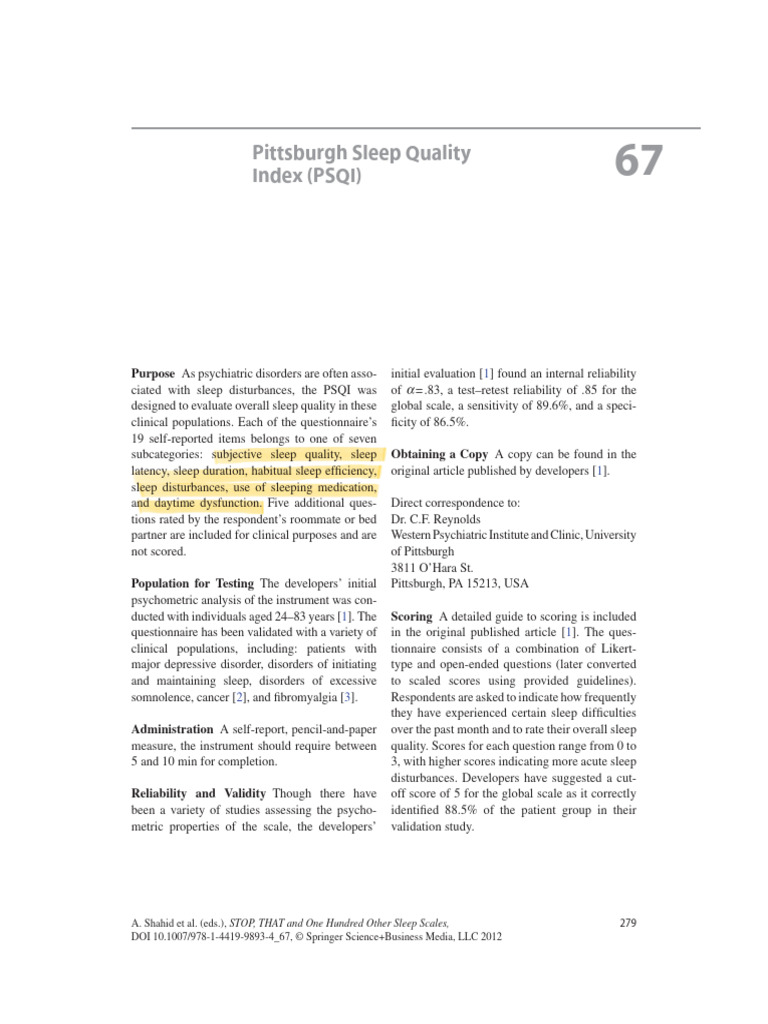 Pittsburgh Sleep Quality Index (PSQI) | PDF | Mental Disorder | Sleep ...