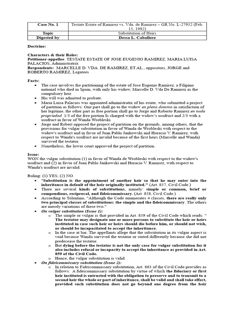 Heir Substitution in Ramirez Estate | PDF | Inheritance | Legal Aspects ...