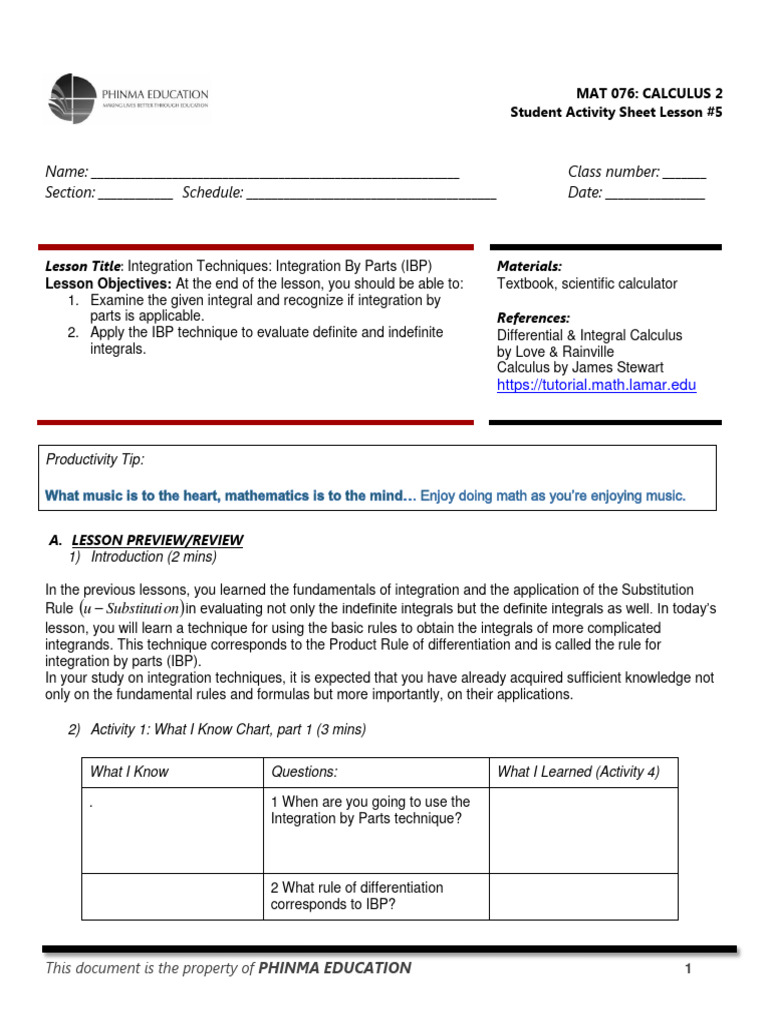 Lesson 5 Integration Techniques Integration by Parts IBP | PDF | Integral | Mathematical Relations