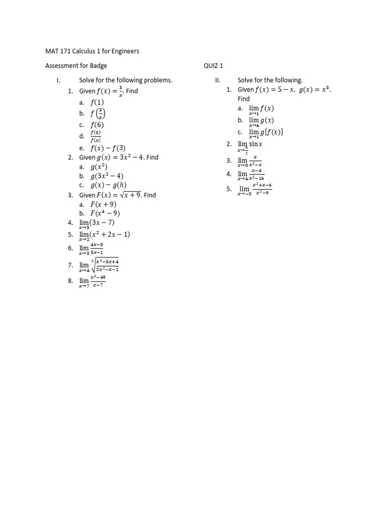MAT 171 Calculus 1 For Engineers Q1 01 | PDF