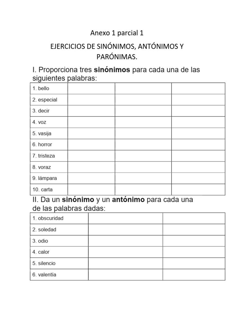Ejercicios de Sinónimos, Antónimos, Parónimas, Homónimas | PDF | Artes ...