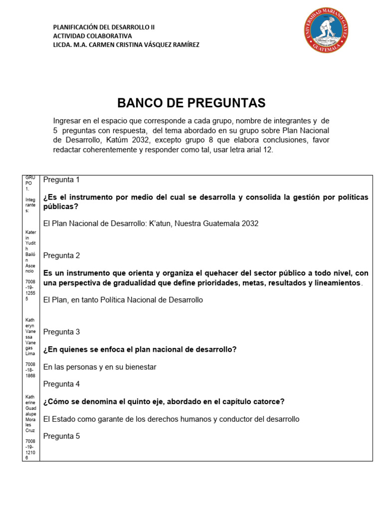 Banco de Preguntas, Formato Actividade Colaborativa | Descargar gratis PDF | Sustentabilidad ...