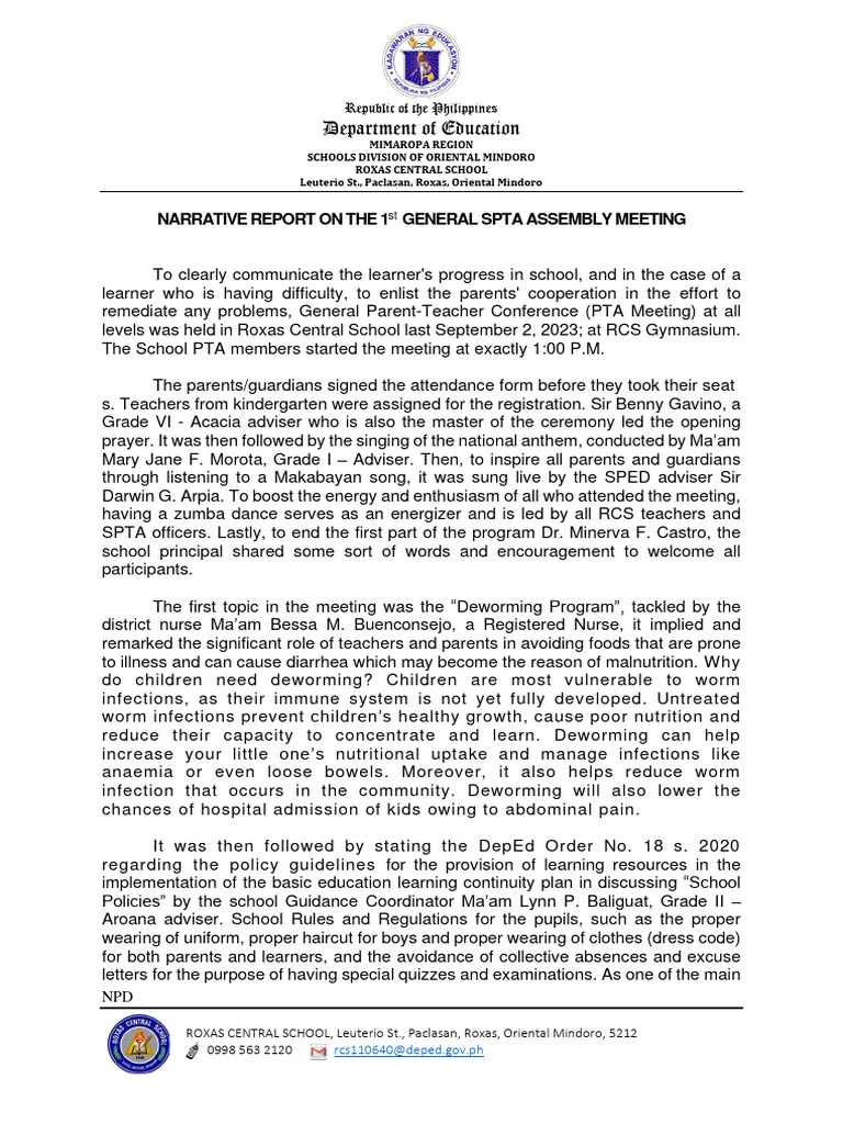 Narrative Report On The 1ST Gpta Assembly Meeting | PDF | Wash