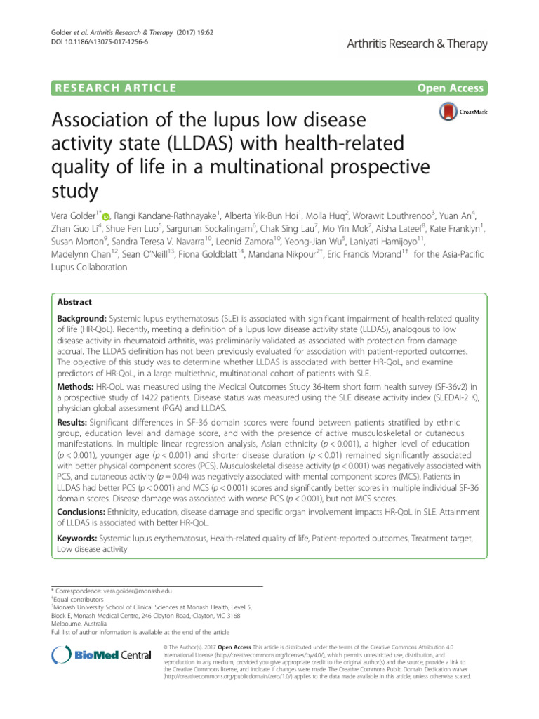 Association of The Lupus Low Disease Activity State (LLDAS) With Health ...