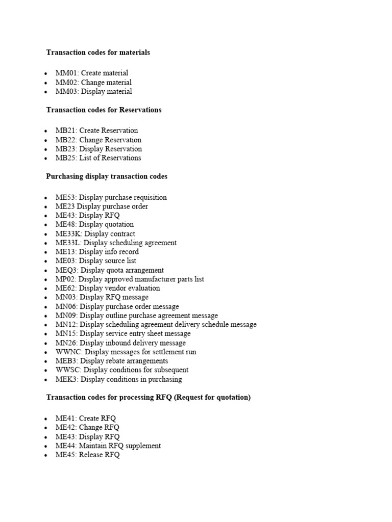 Transaction Codes For Materials | PDF | Inventory | Receipt