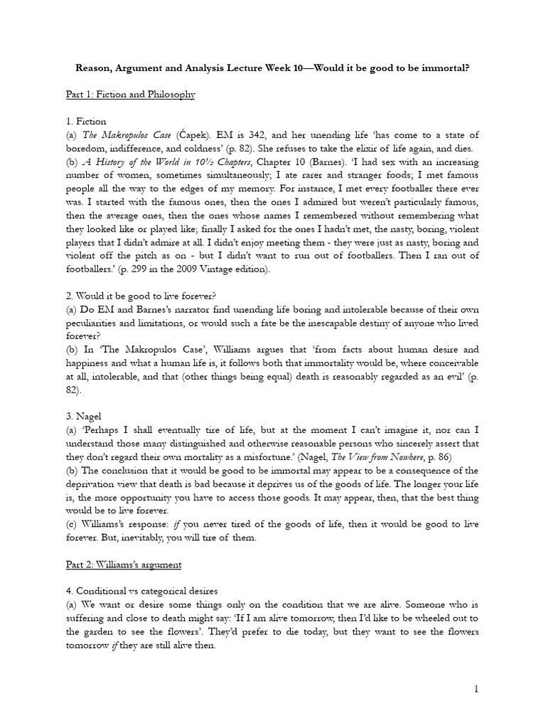Reason, Argument and Analysis Lecture Week 10-Would It Be Good To Be Immortal | PDF | Reason ...