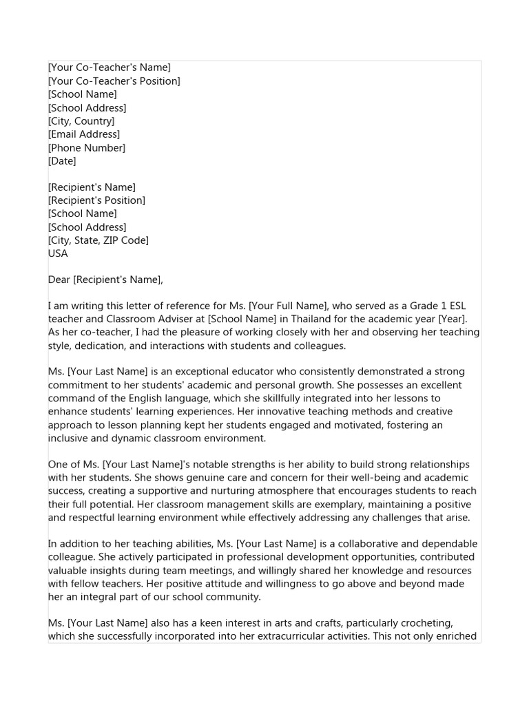 Grade 1 ESL Teacher Reference Letter | PDF | Teachers | Cognition