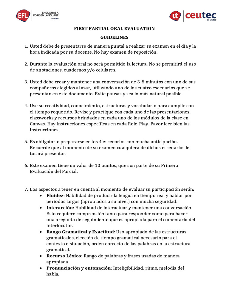 First Partial Oral Evaluation English V | PDF | Vacation | Working Time