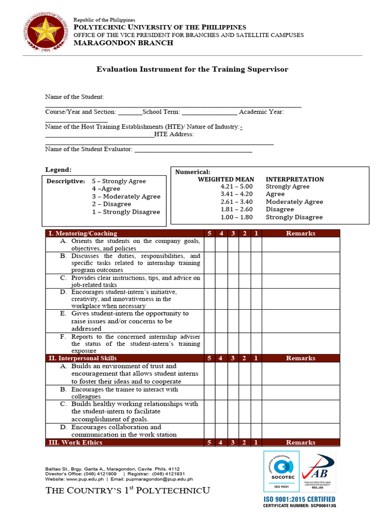 Training Supervisor Evaluation Form | PDF | Mentorship | Social Psychology