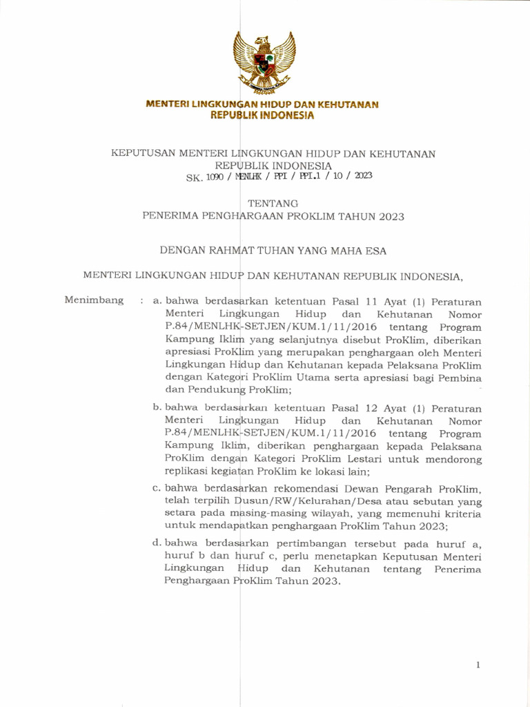 SK Penerima Penghargaan Proklim Tahun 2023 | PDF