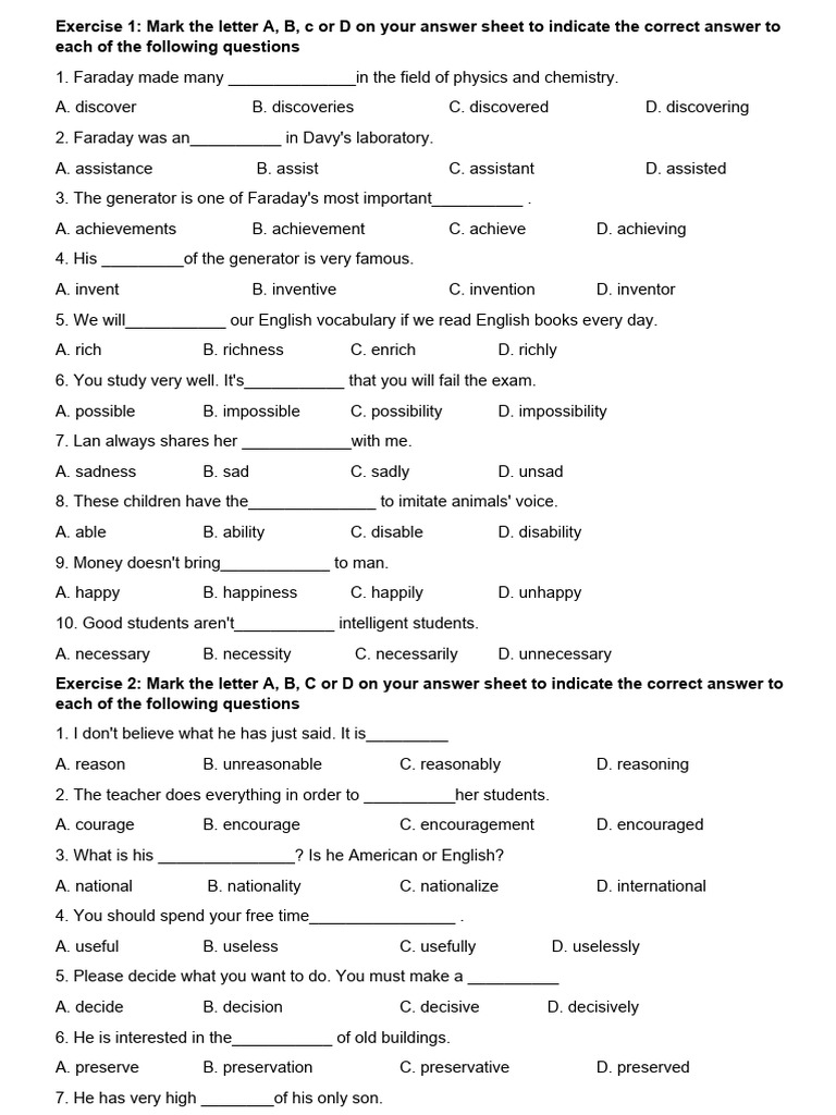 Practice Exercises Word Form | PDF