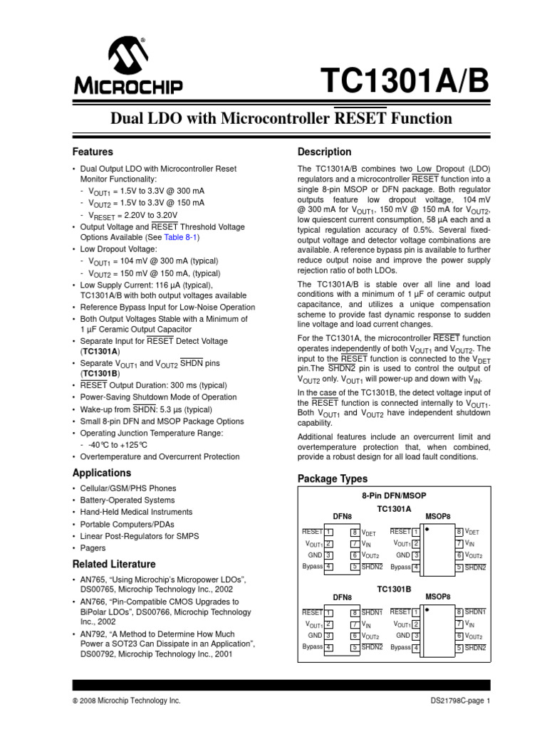 TC1301A/B: Dual LDO With Microcontroller RESET Function | Download Free ...