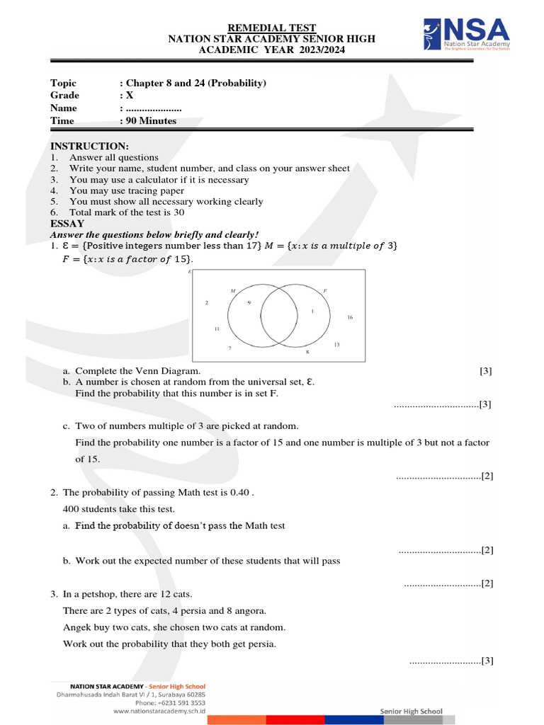 Remedial 1 Grade X Probability (CH 8 and 24) | PDF | Mathematics