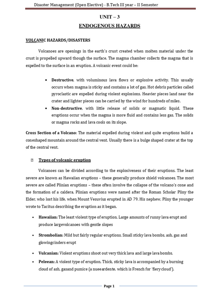 DISASTER-MANAGEMENT Notes | PDF | Volcano | Types Of Volcanic Eruptions