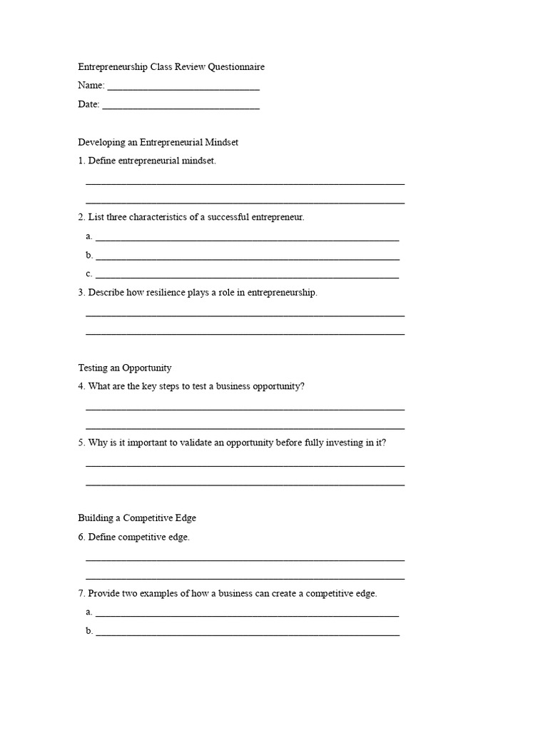 Entrepreneurship Class Review Questionnaire | PDF | Entrepreneurship ...