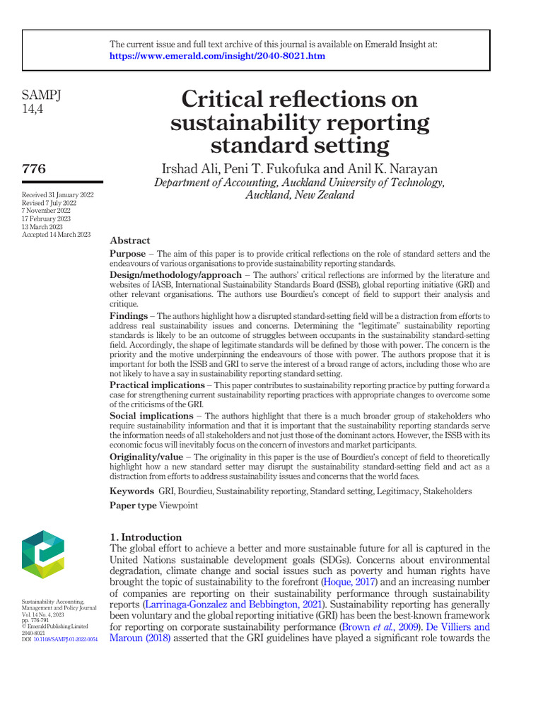 Ali, Fukpkuka e Narayan 2023 - Critical Reflections On Sustainability Reporting Standard Setting ...