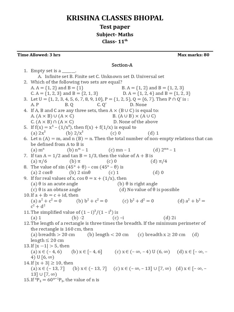 Class 11 Maths Test Paper | PDF | Mathematics | Mathematical Concepts