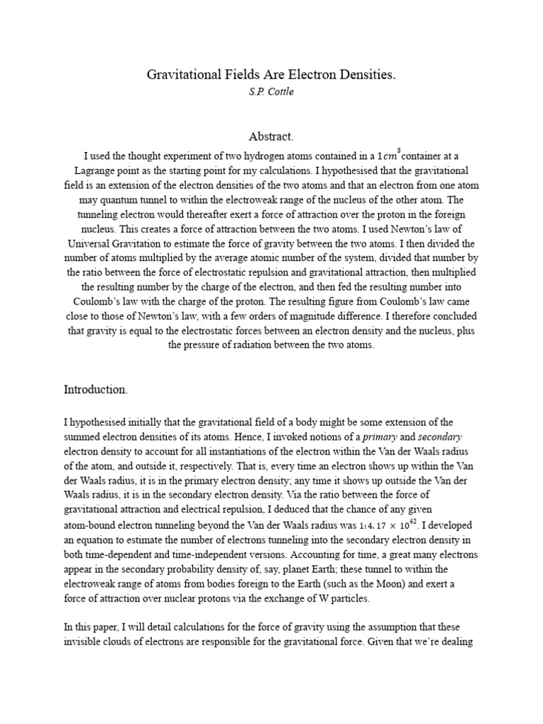 Gravitational Fields Are Electron Densities | PDF | Electron | Force
