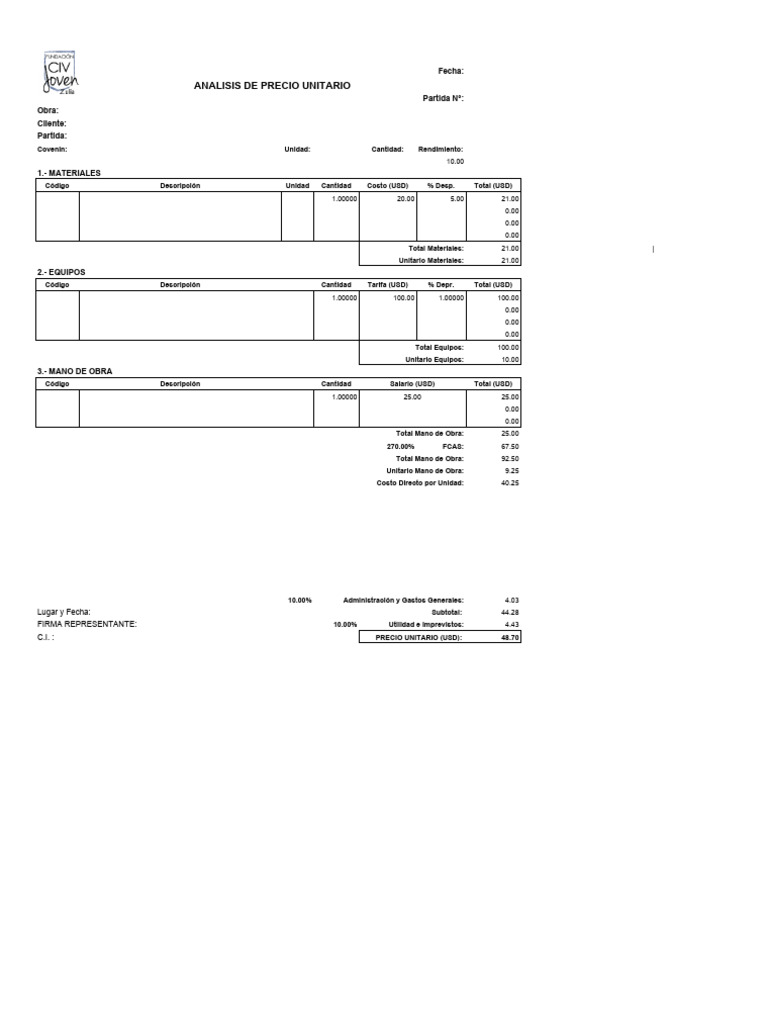 Hoja Excel Forma APU Editable | PDF