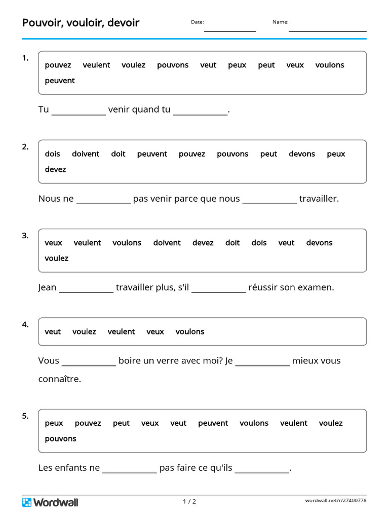 Pouvoir Vouloir Devoir Complete The Sentence | PDF