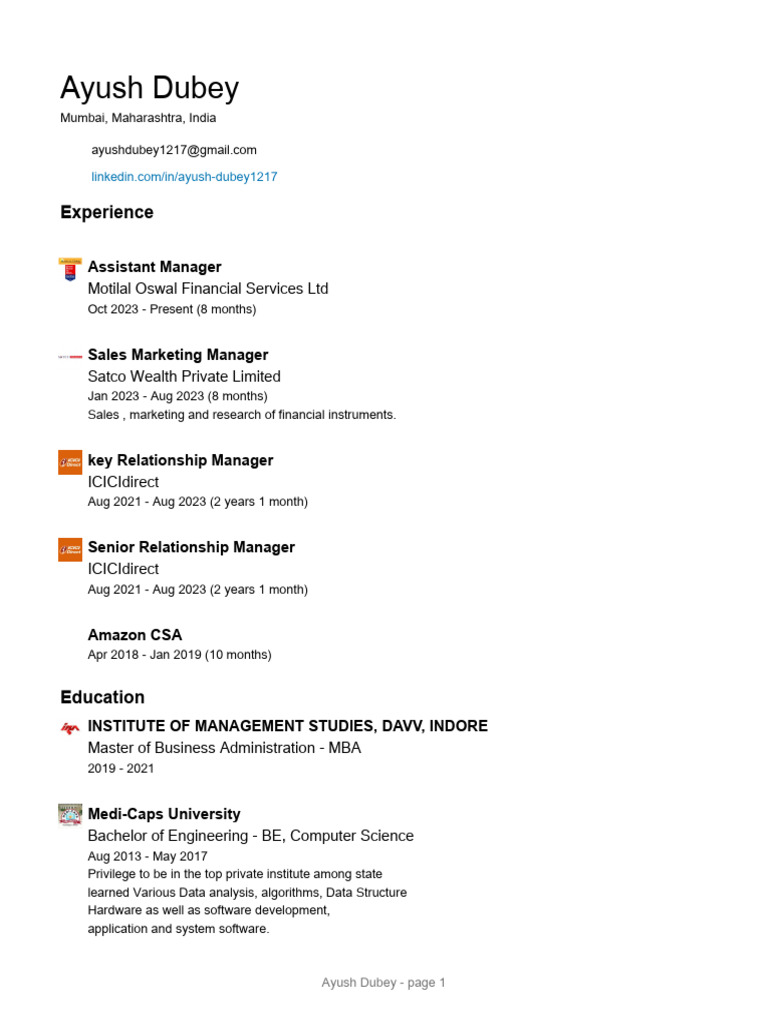 Ayush Dubey: Financial Services Expert | PDF | Business | Computers