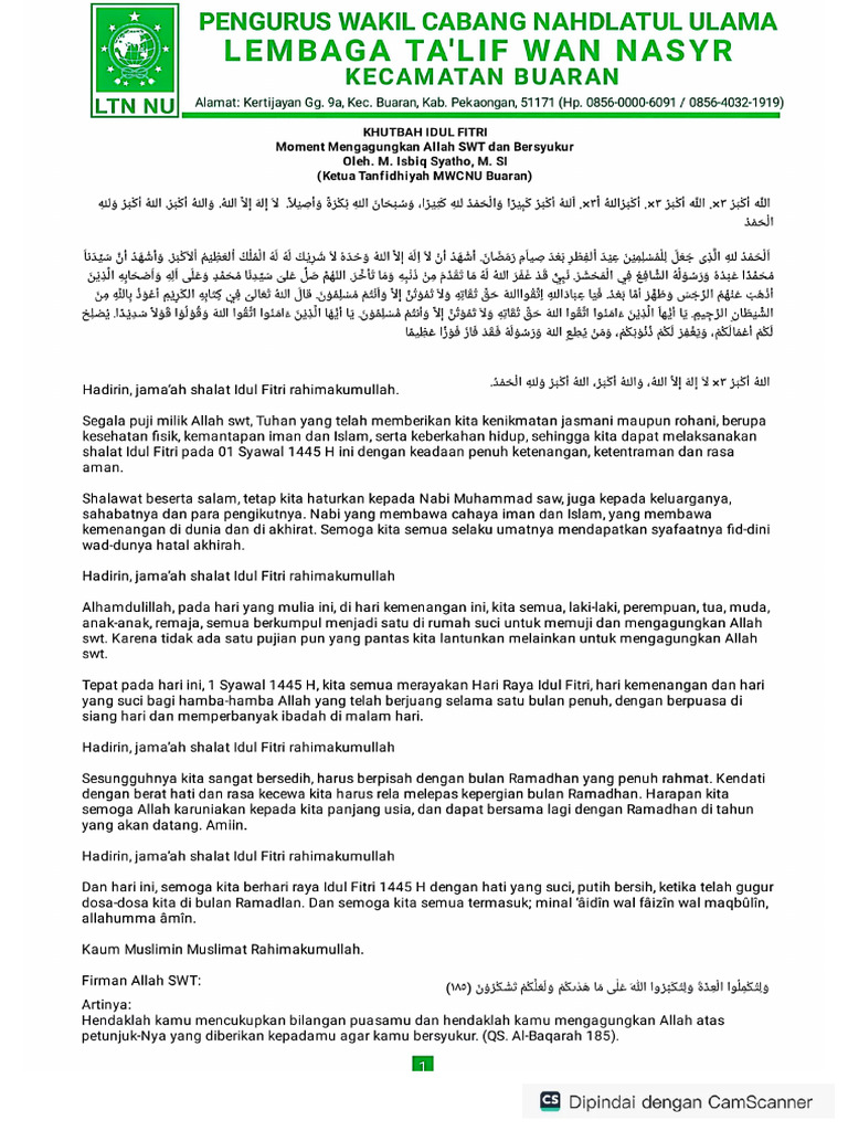 KHUTBAH IDUL FITRI, Oleh Kyai Isbiq Syatho' (Ketua MWC NU Buaran) | PDF