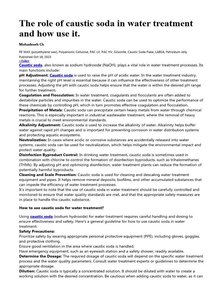 The Role of Caustic Soda in Water Treatment and How Use It | PDF ...