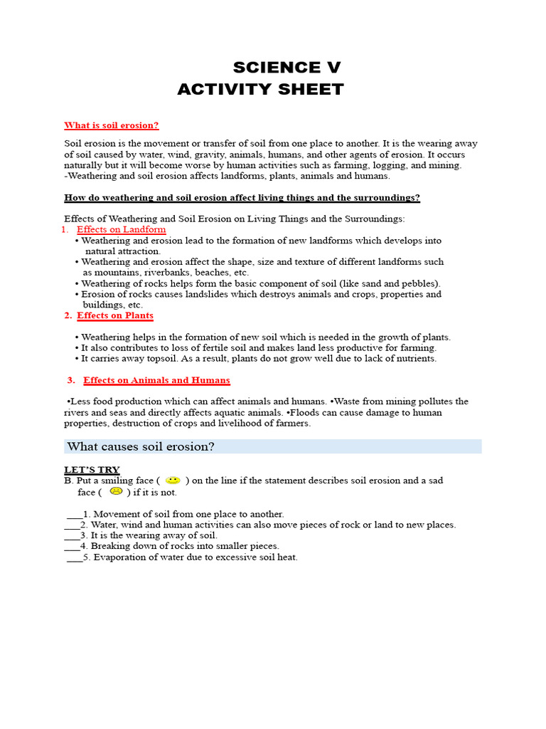 Science V Activity Sheet | PDF | Soil | Erosion