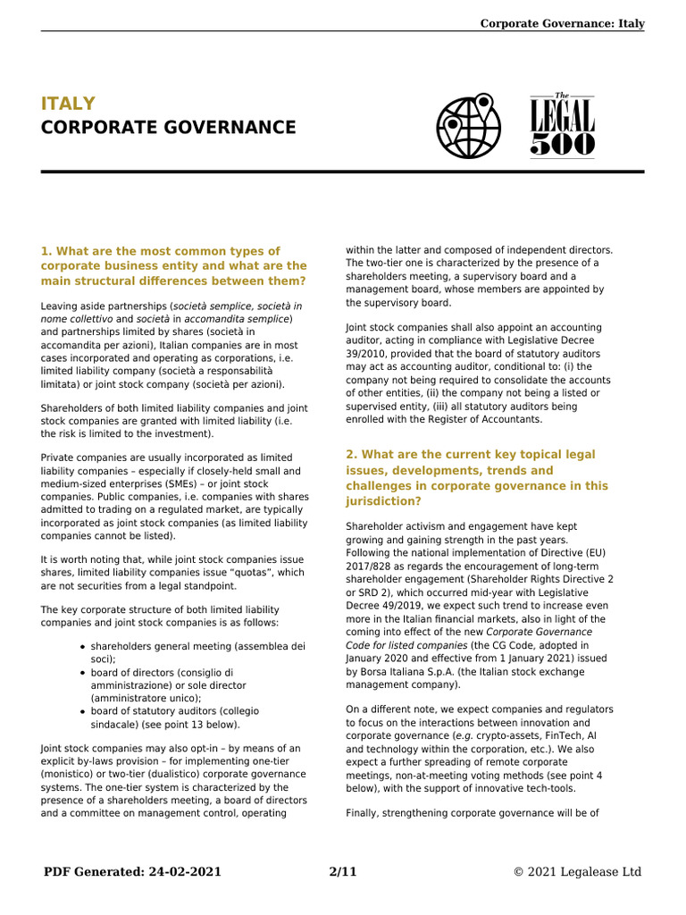 Italy Corporate Governance Overview | PDF | Board Of Directors | Joint ...