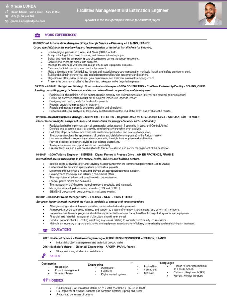 CV - Gracia LUNDA - Facilities Management Bid Estimation Engineer | PDF | Sales | Siemens