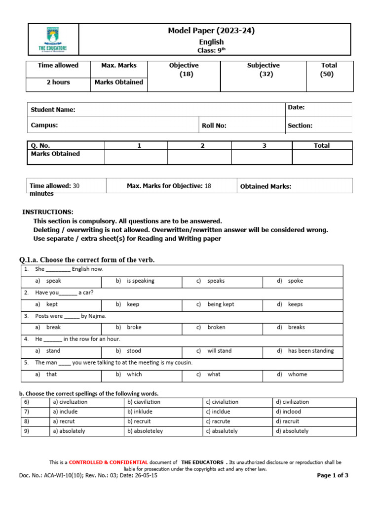 Class-9 English December Test | PDF | Telegraphy