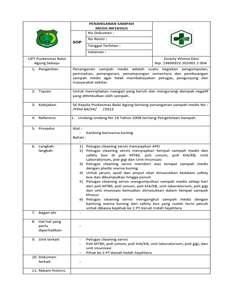 Penanganan Sampah Medis Infeksius SOP | PDF