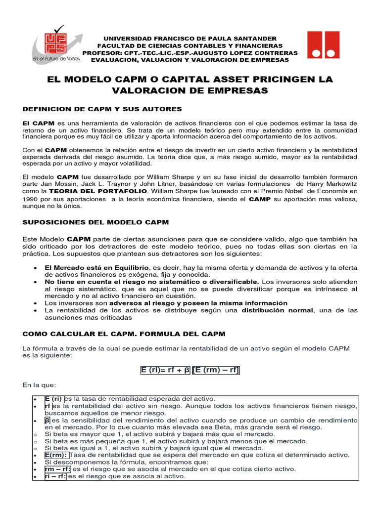 El Modelo Capm | PDF | Modelo de fijación de precios de activos de capital | Flujo de caja ...