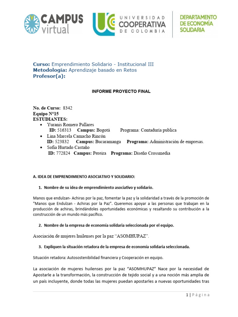 Formato Proyecto Final - 2320 | PDF | Iniciativa empresarial | Empresa ...