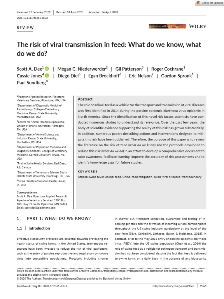 Transbounding Emerging Dis - 2020 - Dee - The Risk of Viral Transmission in Feed What Do We Know ...